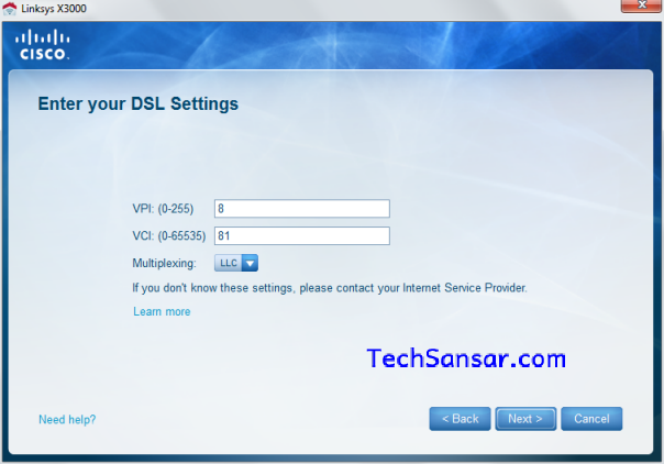 Enter DSL Settings - VPI VCI Multiplexing NTC provided parameters ...