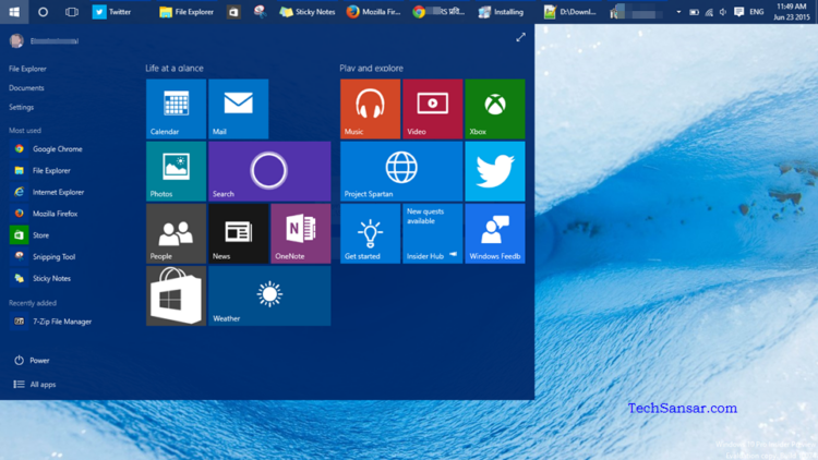 Windows 10 home screen after installing Windows 10 upgrade • TechSansar.com