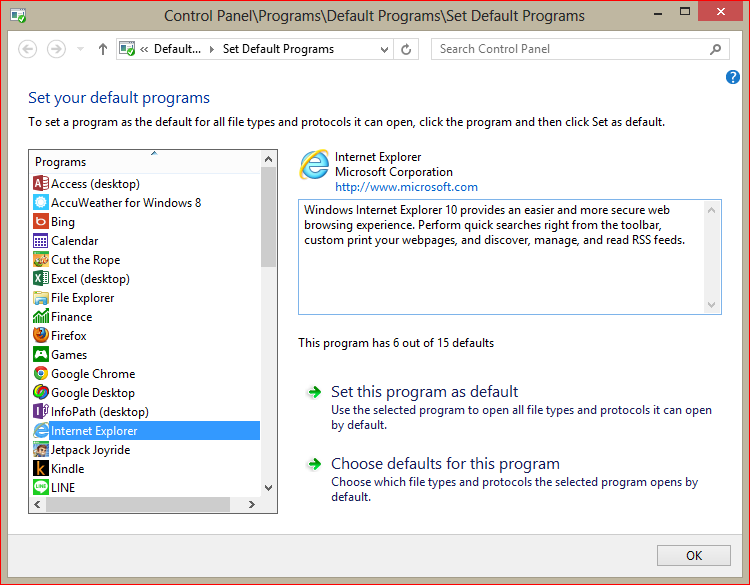 Control panel for setting default programs: Check IE to be default ...